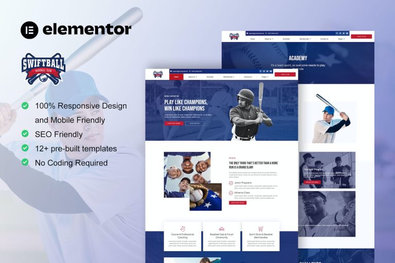 SwiftBall- BaseBall Team and Sport Club Elementor Pro Template Kit