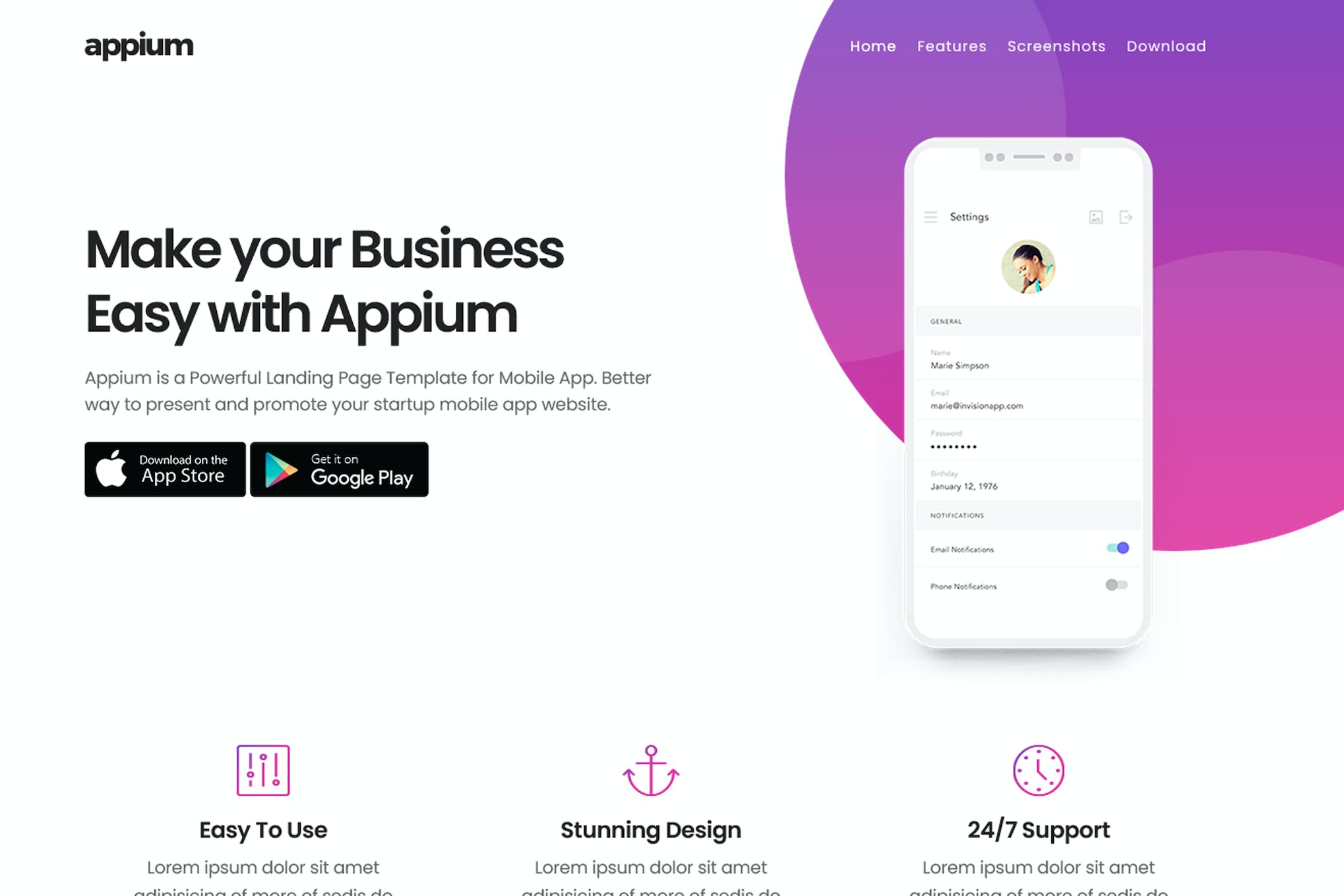 Appium - App Landing Page Template