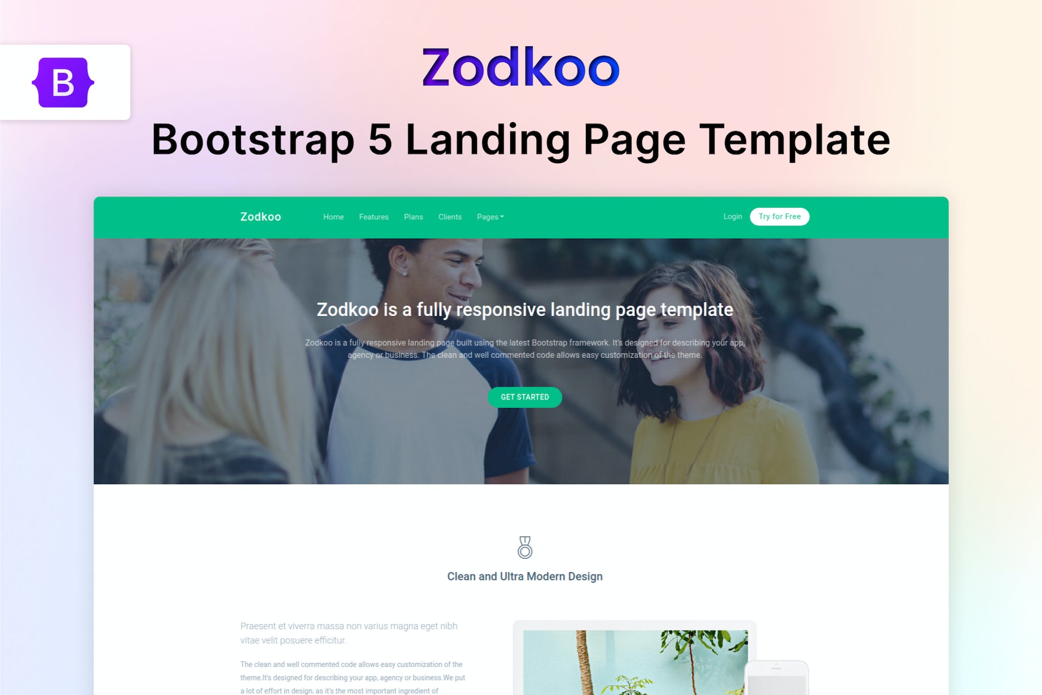 Zodkoo - Bootstrap Landing Page Template- Download for Wordpress