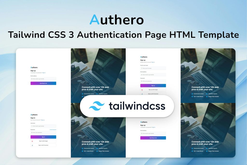 Tailwind CSS Authentication PageTemplate - Authero- Download for Wordpress
